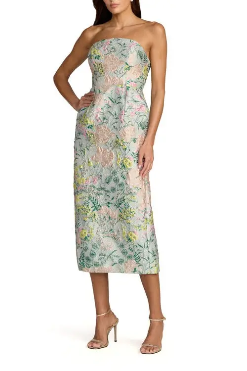 Mac Duggal Strapless Brocade Midi Dress With Pockets - Pastel Multi