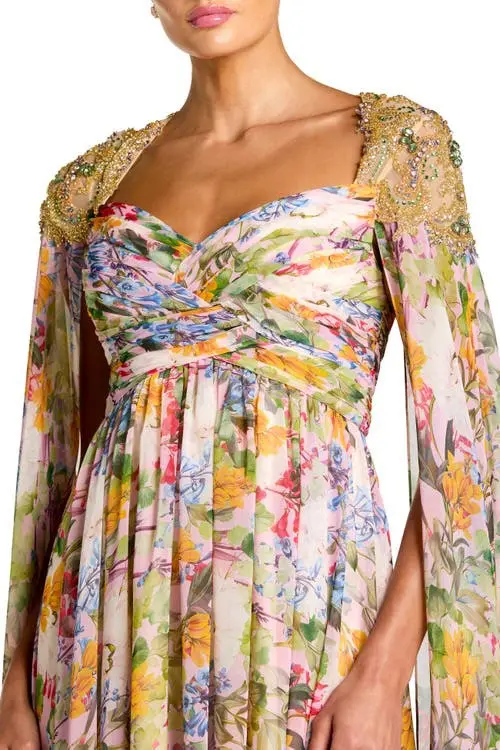 Mac Duggal Printed Chiffon Gown With Beaded Cape Sleeves