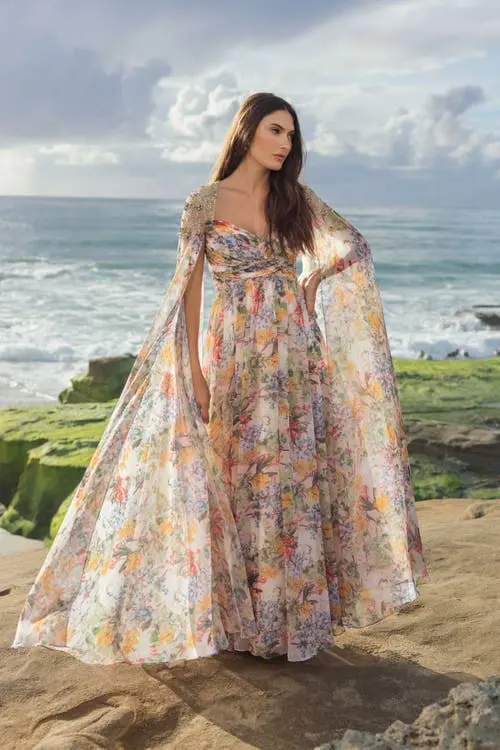 Mac Duggal Printed Chiffon Gown With Beaded Cape Sleeves