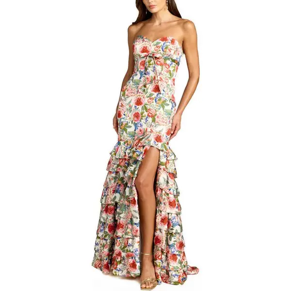 Mac Duggal Strapless Floral Charmeuse Ruffle A Line Gown - Ivory Multi