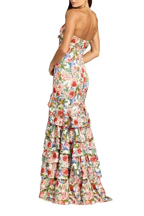 Mac Duggal Strapless Floral Charmeuse Ruffle A-line Gown