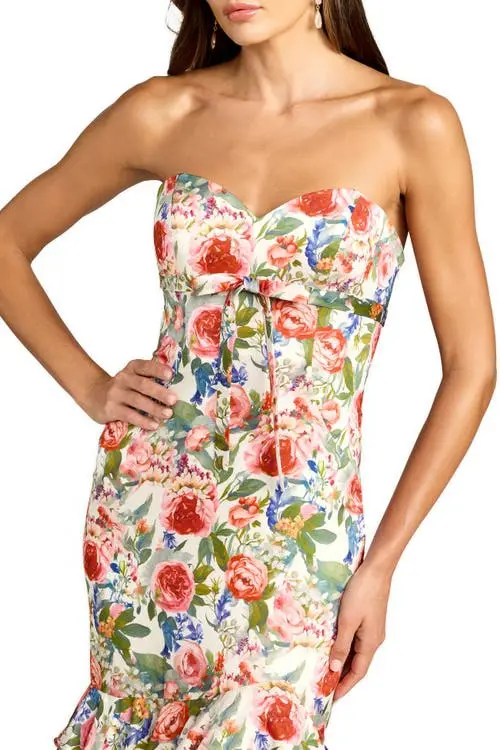 Mac Duggal Strapless Floral Charmeuse Ruffle A-line Gown