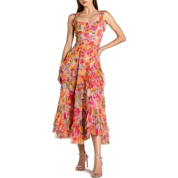 Mac Duggal Floral Scoop Neck A-line Midi Dress - Multi