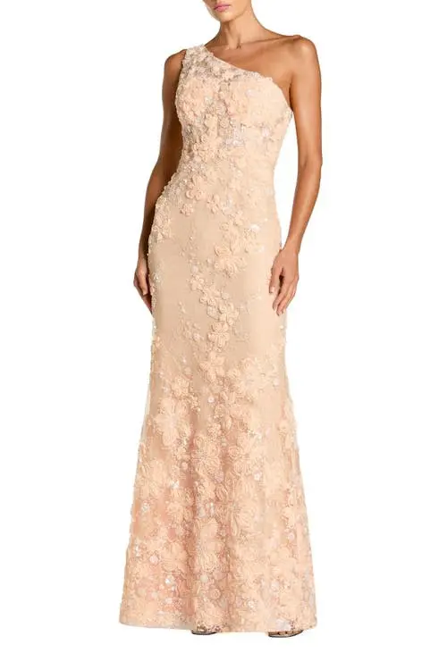 Mac Duggal One-shoulder Floral Embroidered Column Gown - Peach