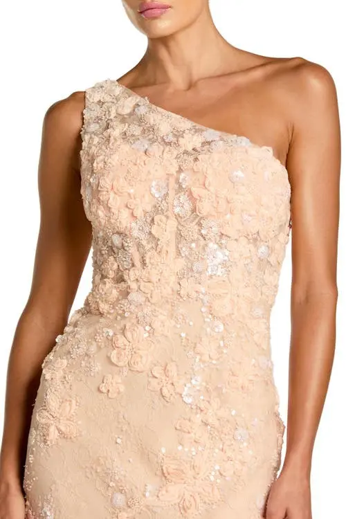 Mac Duggal One-shoulder Floral Embroidered Column Gown - Peach