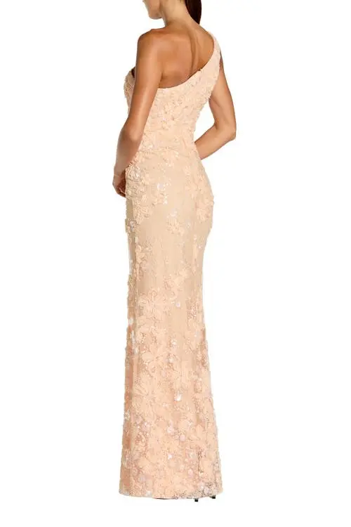 Mac Duggal One-shoulder Floral Embroidered Column Gown - Peach