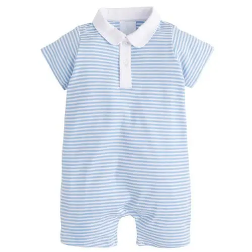 LITTLE ENGLISH Peter Pan Polo Romper - Light Blue Stripe