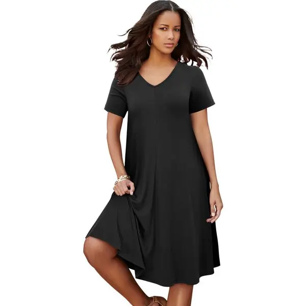 Roaman's Short Sleeve V-neck Fit & Flare Dress - Black