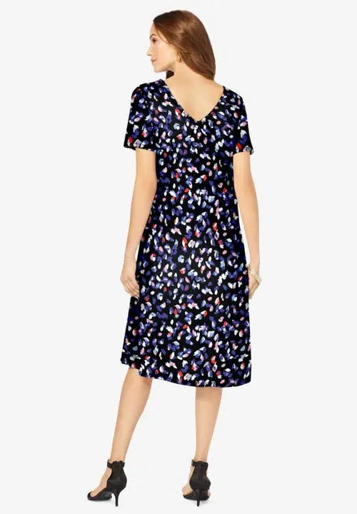 Roaman's Short Sleeve V-neck Fit & Flare Dress - Black
