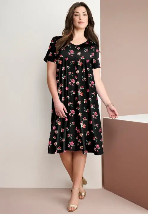 Roaman's Short Sleeve V-neck Fit & Flare Dress - Black