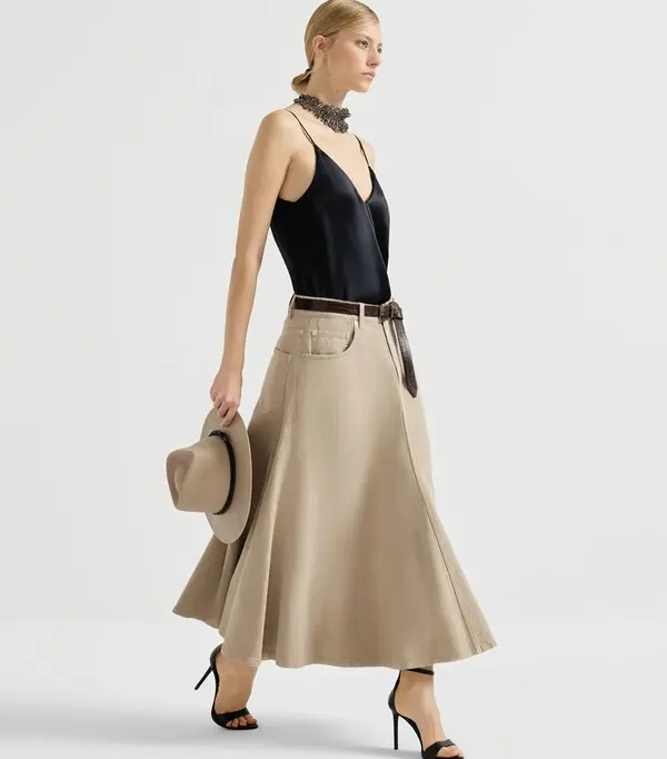 Brunello Cucinelli Cotton-linen Midi Skirt - Brown
