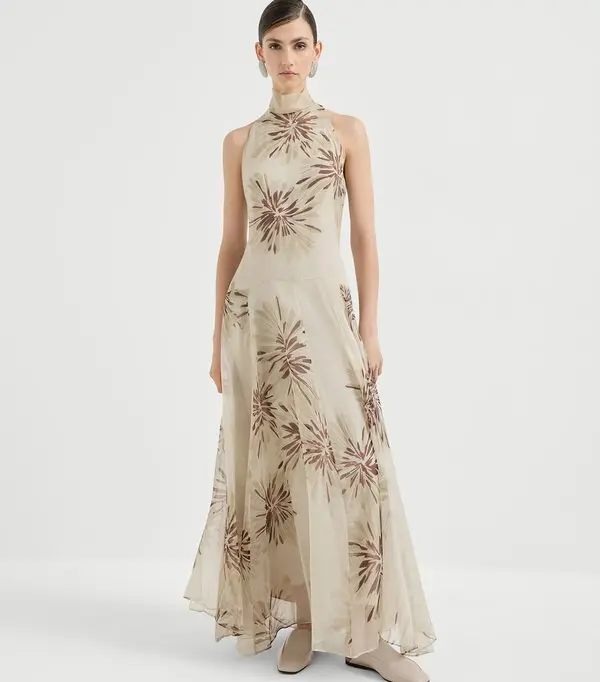 Brunello Cucinelli Silk Halterneck Maxi Dress - Beige