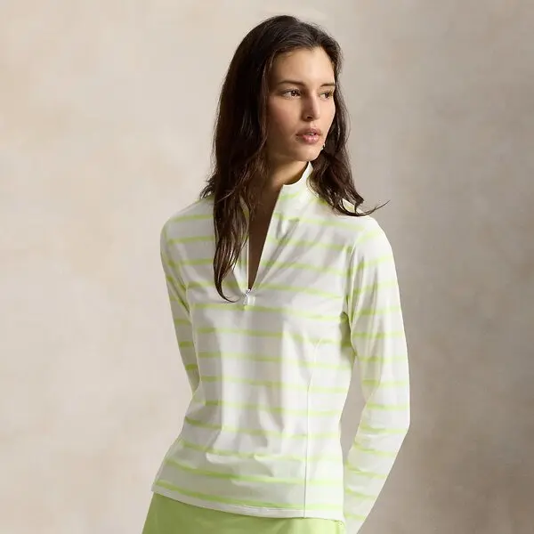 Ralph Lauren Striped Stretch-jersey Quarter-zip Pullover - Ceramic White/light Lime