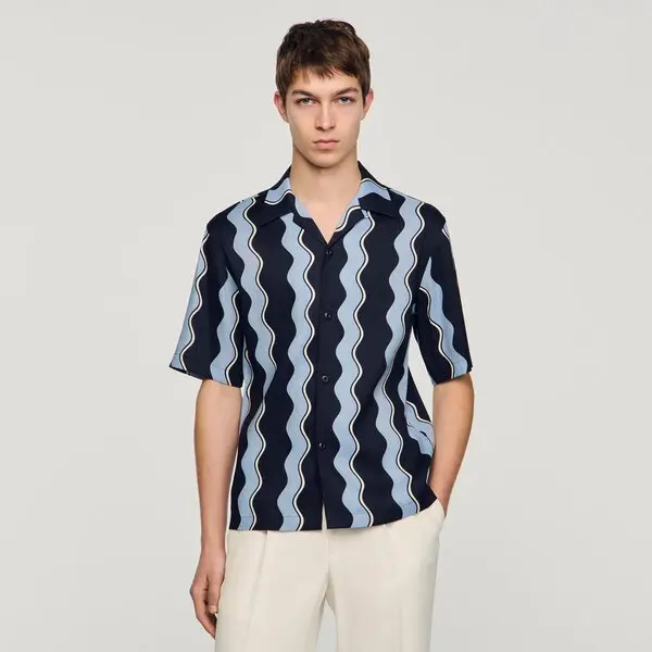 Sandro Printed Linen Shirt - Navy Blue