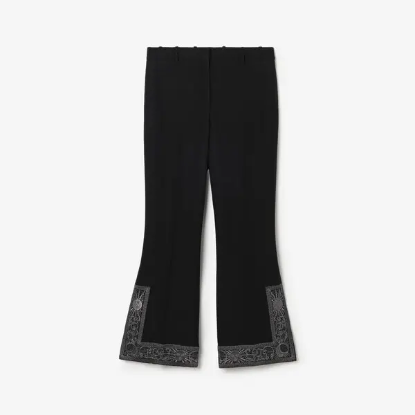 Burberry Cropped Embroidered Wool Silk Flared Trousers - Black