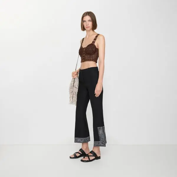 Burberry Cropped Embroidered Wool Silk Flared Trousers - Black