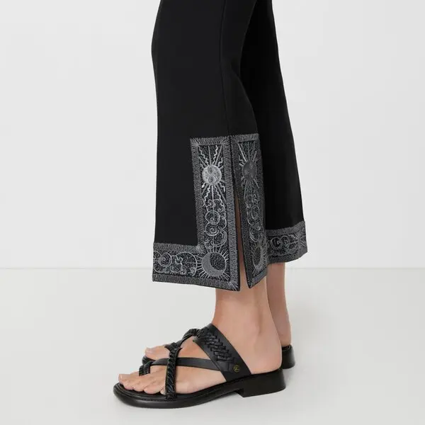 Burberry Cropped Embroidered Wool Silk Flared Trousers - Black