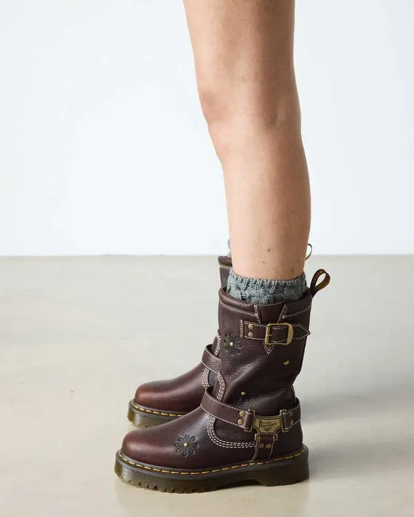 Dr. Martens Anistone Hi Flower Leather Biker Boots - Brown