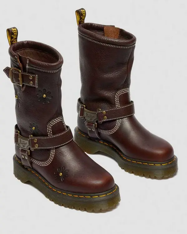 Dr. Martens Anistone Hi Flower Leather Biker Boots - Brown