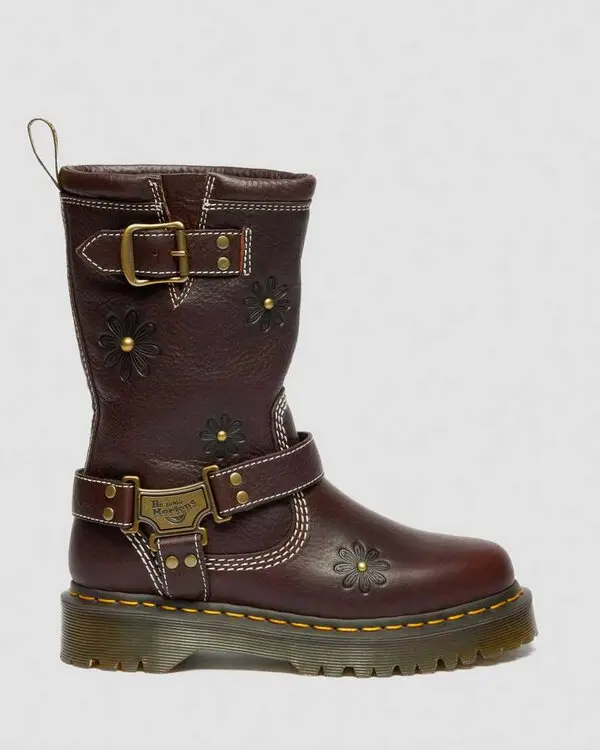 Dr. Martens Anistone Hi Flower Leather Biker Boots - Brown