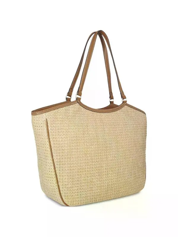 Liu Jo Woven Raffia Tote Bag With Contrasting Trims And Maxi-logo - Neutrals