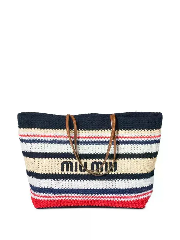 Miu Miu Raffia-effect Woven Tote Bag With Embroidered Logo - Blue