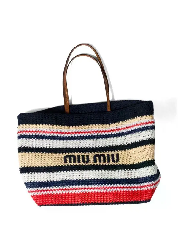 Miu Miu Raffia-effect Woven Tote Bag With Embroidered Logo - Blue