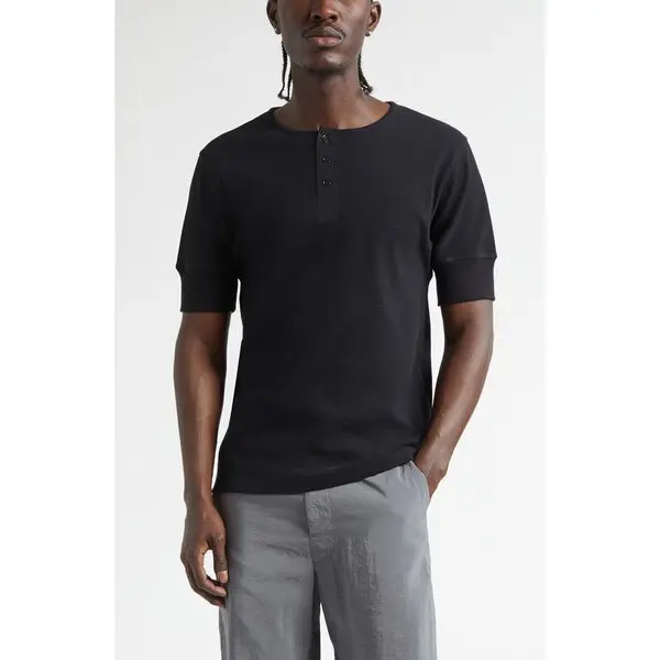 LEMAIRE Cotton & Linen Blend Rib Henley - Black