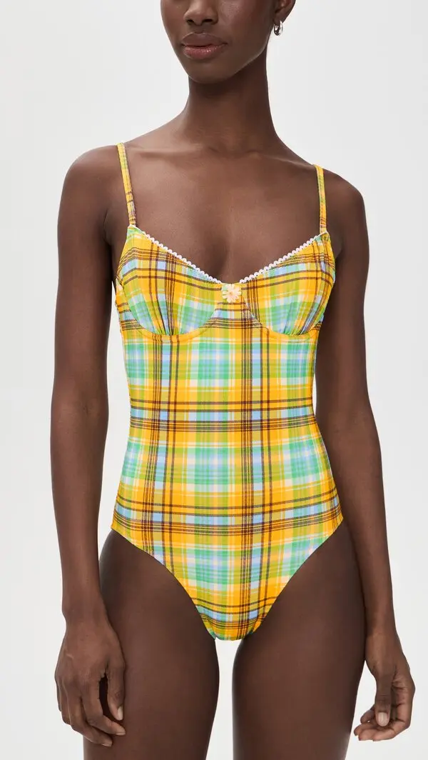 Solid & Striped The Taylor Piece Plaid One-piece Swimsuit With Lace Trim - Multi Plaid
