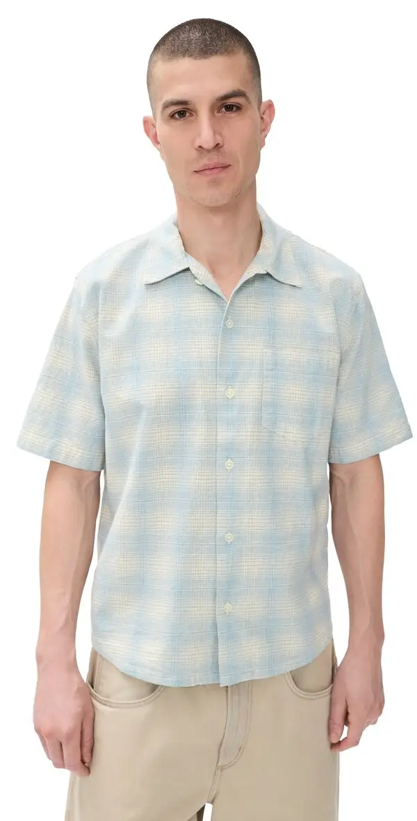 CORRIDOR Linen Plaid Short Sleeve Shirt - Light Blue