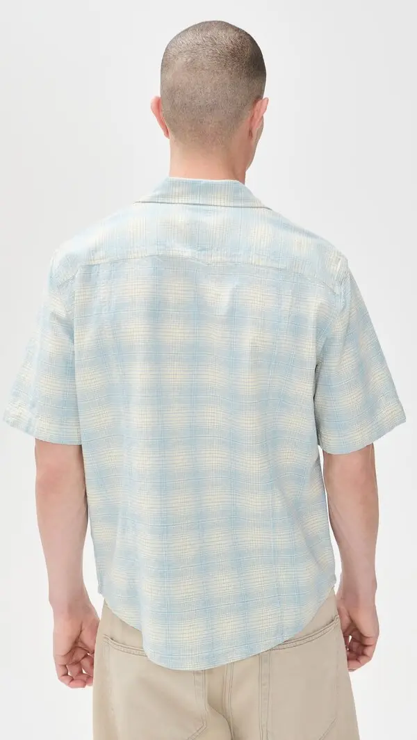 CORRIDOR Linen Plaid Short Sleeve Shirt - Light Blue