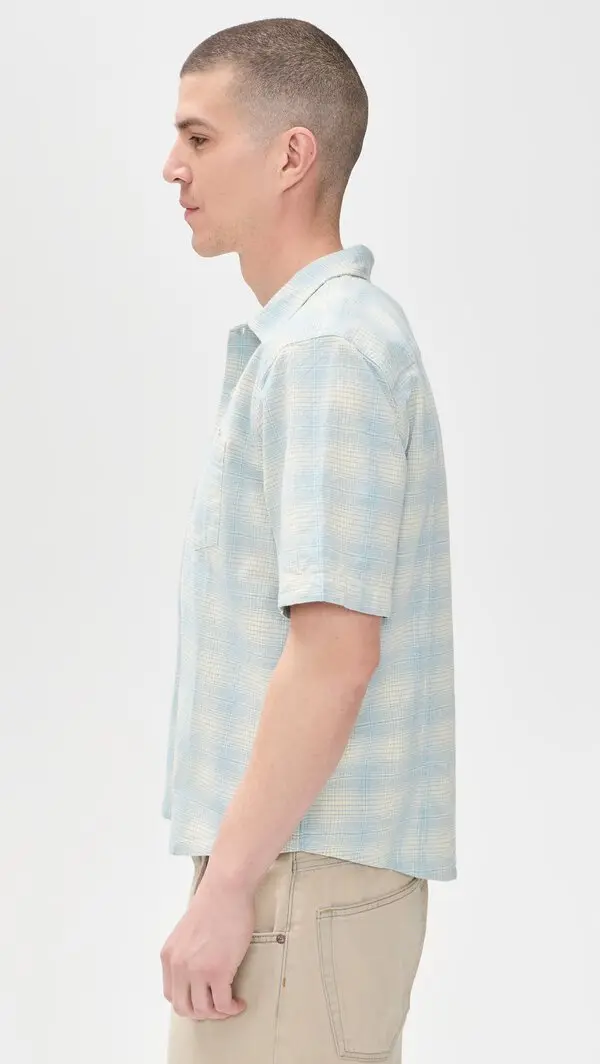 CORRIDOR Linen Plaid Short Sleeve Shirt - Light Blue