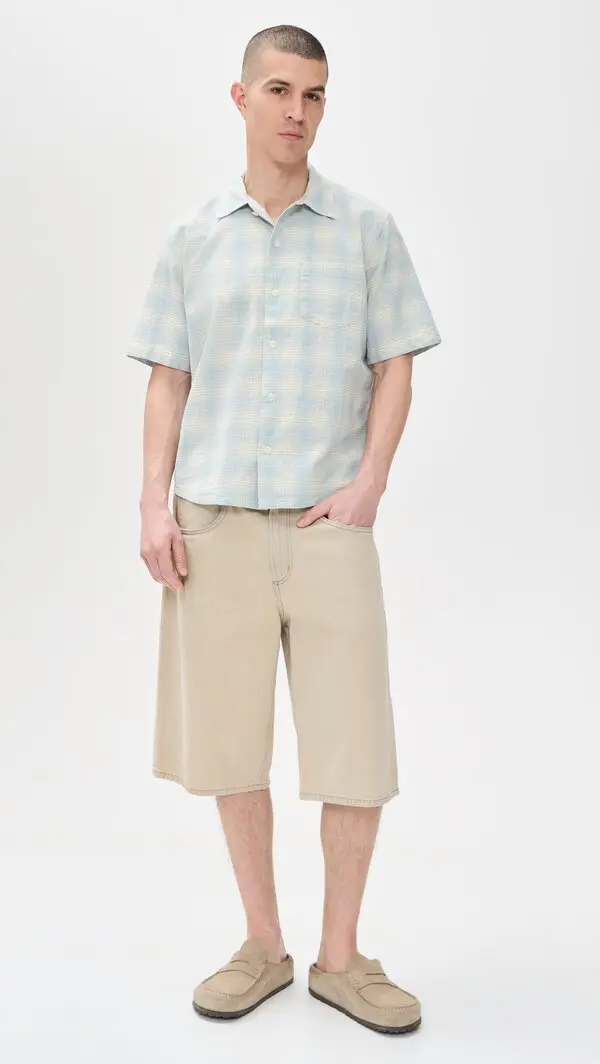 CORRIDOR Linen Plaid Short Sleeve Shirt - Light Blue