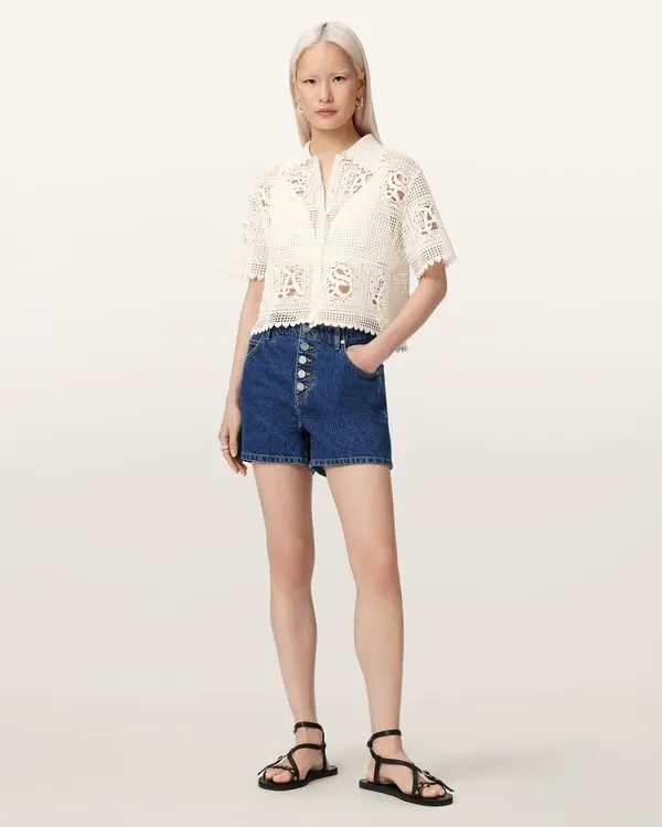 ALLSAINTS Crochet Cropped Polo Shirt - White