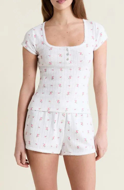 ETAM Katell Pointelle Cotton Pajama Top - Ecru/pink