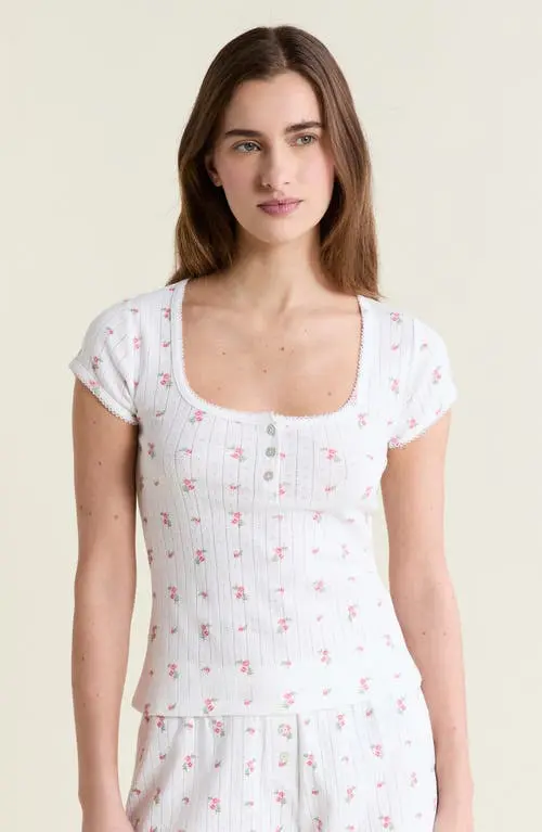ETAM Katell Pointelle Cotton Pajama Top - Ecru/pink