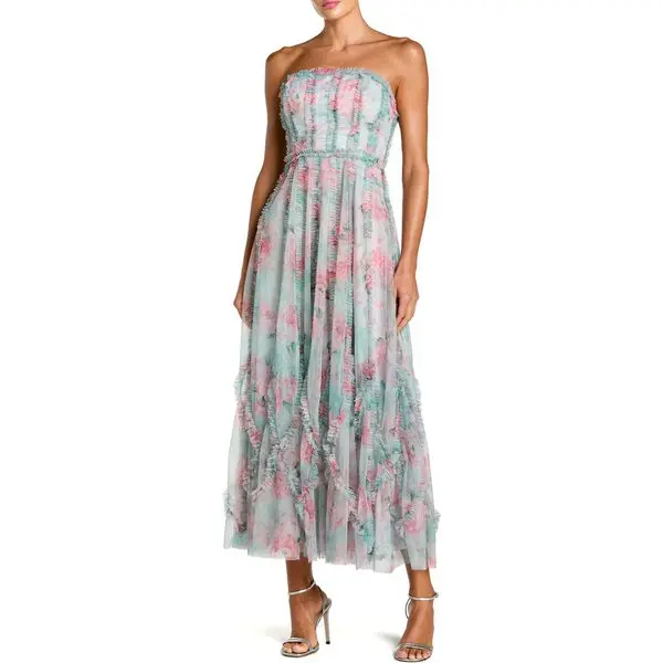 Mac Duggal Ankle Length Strapless Floral Ruffle Gown - Aqua Multi