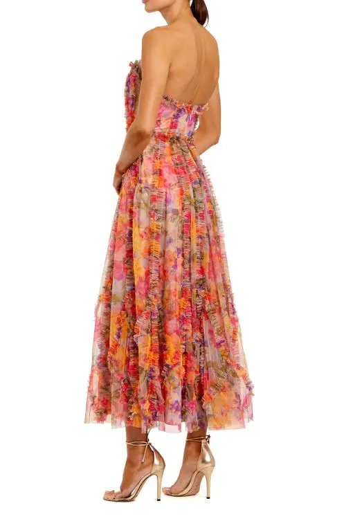 Mac Duggal Ankle Length Strapless Floral Ruffle Gown - Multi