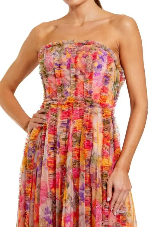 Mac Duggal Ankle Length Strapless Floral Ruffle Gown - Multi