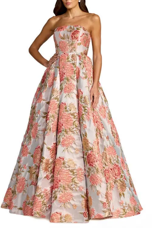 Mac Duggal Strapless Floral Brocade Ball Gown With Pockets