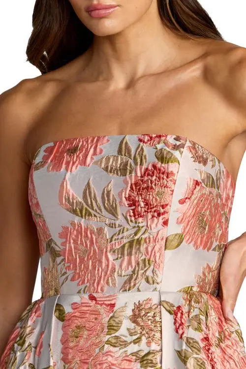 Mac Duggal Strapless Floral Brocade Ball Gown With Pockets