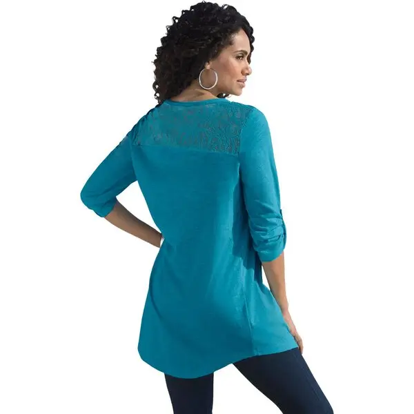 Roaman's Textured Lace Trimmed Tunic - Deep Teal