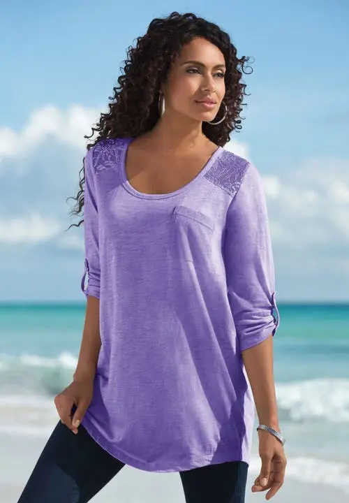 ROAMAN'S Textured Lace Trimmed Tunic - Ocean
