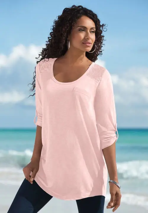 ROAMAN'S Textured Lace Trimmed Tunic - Ocean