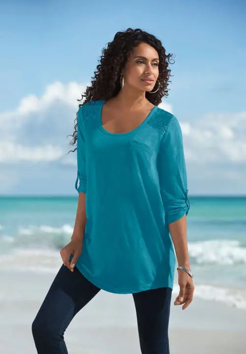 ROAMAN'S Textured Lace Trimmed Tunic - Ocean
