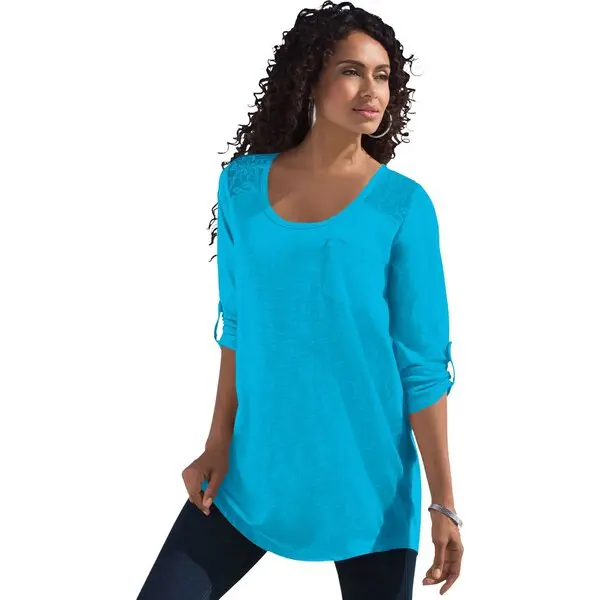 Roaman's Textured Lace Trimmed Tunic - Ocean