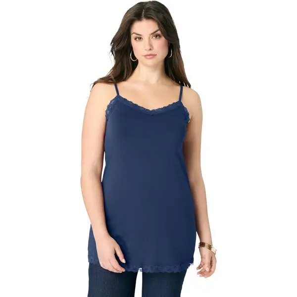 Roaman's Lace Trim Knit Cami With Adjustable Straps - Navy