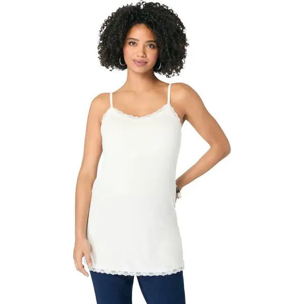 Roaman's Lace Trim Knit Cami With Adjustable Straps - White