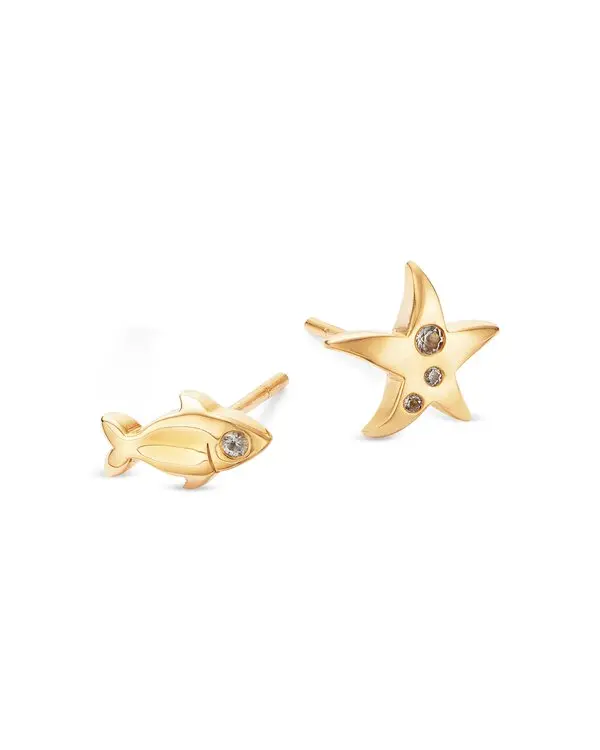 MOON & MEADOW 14k Yellow Diamond Fish And Starfish Mismatched Stud Earrings