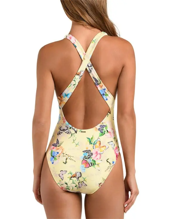 L'Agence Lisa Garden Butterflies Plunge One Piece Swimsuit - Multi